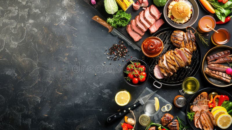 A Wooden Table Topped with Plates of Food and a Grill AIG50 Stock Image ...