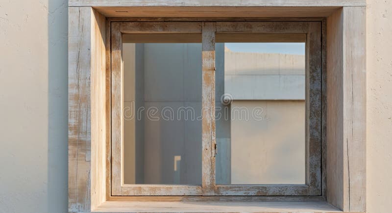 Rectangular Wooden Window on Textured Wall Reflects Adjacent Building ...