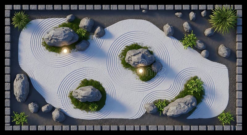 Rectangular Zen Garden with a Raked Gravel Surface and Concentric ...