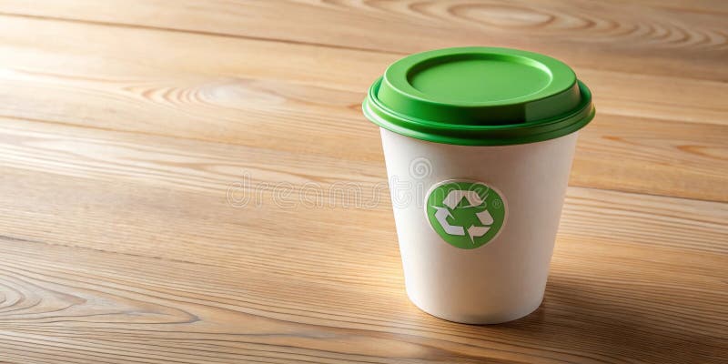 Recyclable Paper Cup with Green Lid on Wooden Surface. Generative AI ...