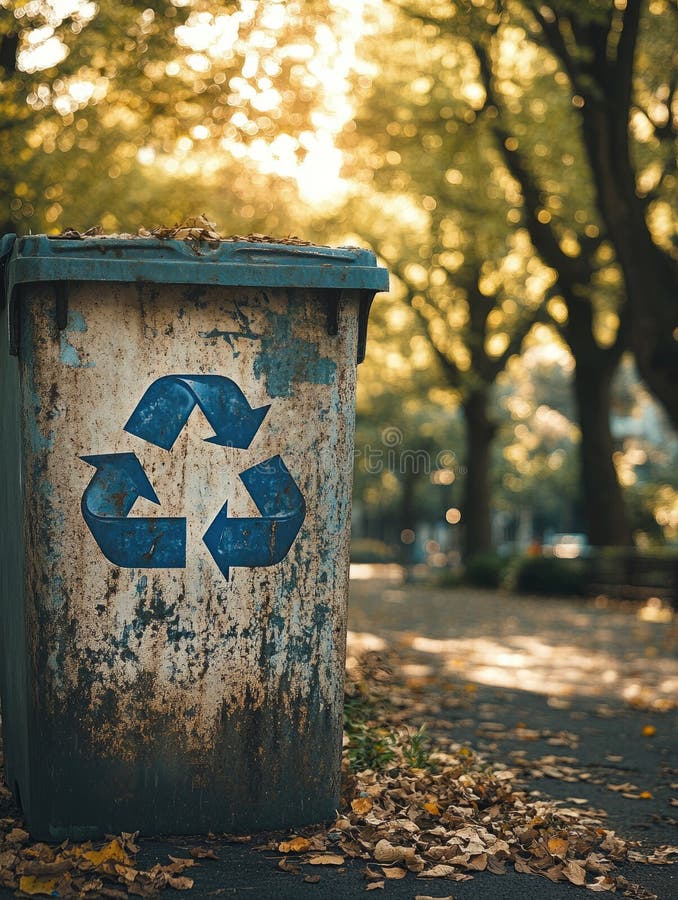 A Recycle Bin on a Leaf-covered Path in a Sunlit Park. Stock Photo ...
