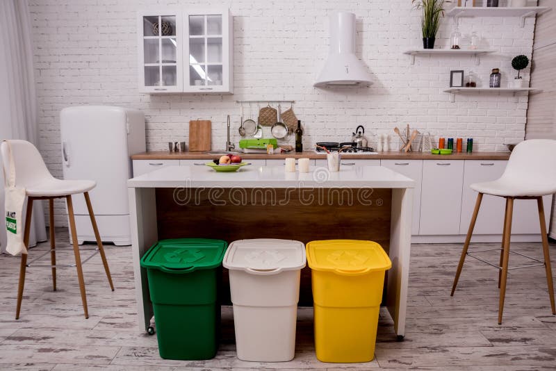 Recycle Bins in the Kitchen. Household Waste Sorting Stock Image ...
