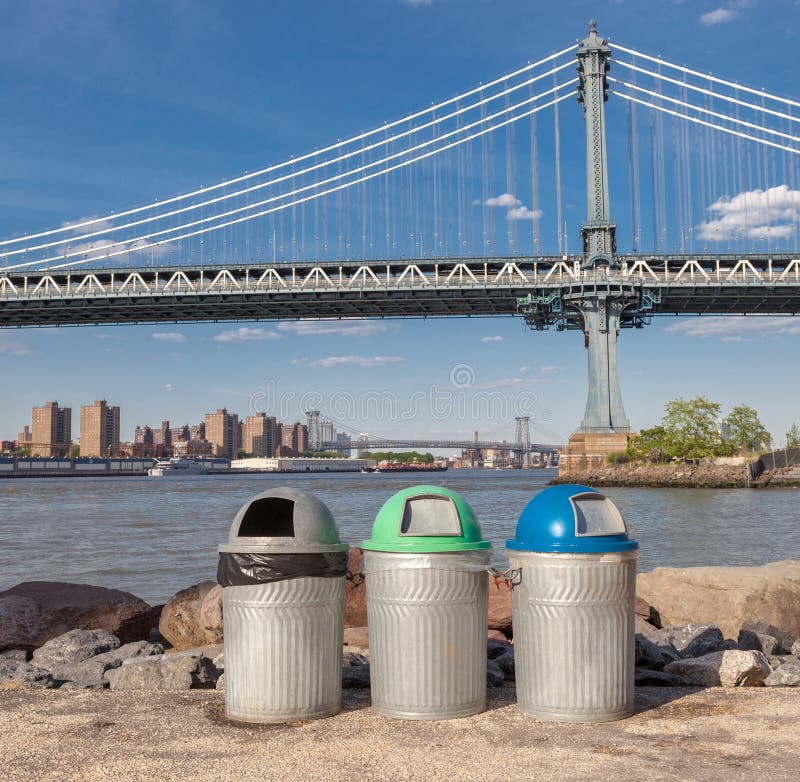 Recycle Bins with the Manhattan Bridge Background Stock Photo - Image ...