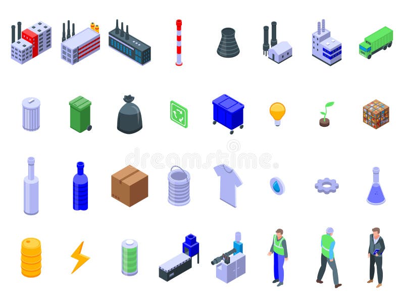 Recycle Factory Icons Set, Isometric Style Stock Vector - Illustration ...