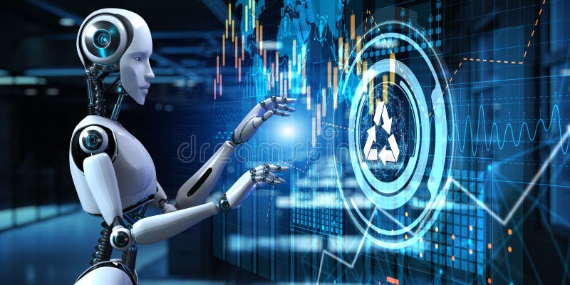 Recycle Green Technology Concept. Robot Pressing Button on Screen 3d ...