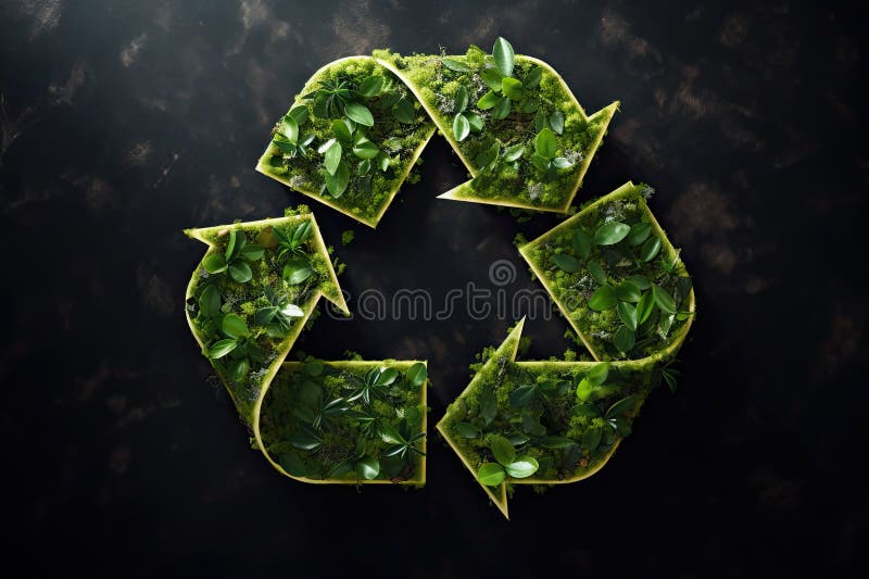 Recycle Sign Covered with Green Plants Against Dark Background Stock ...