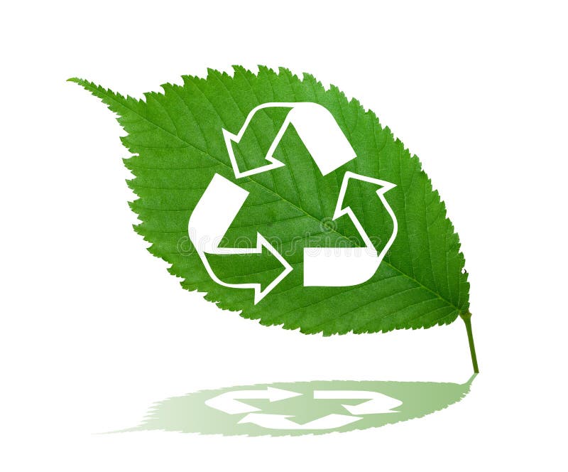 Recycle sign on green leaf stock illustration. Illustration of ...