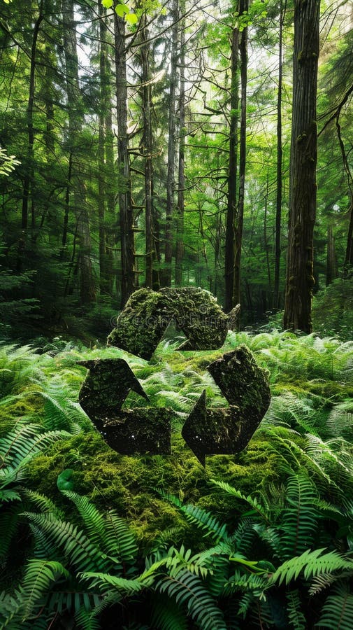 Recycle Symbol Covered in Moss in Lush Green Forest, Environmental ...