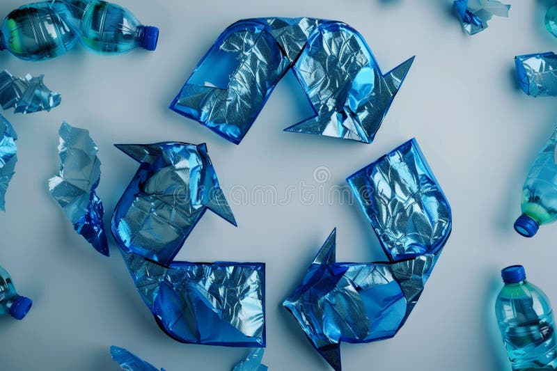 Recycle Symbol Made of Group of Broken Blue Plastic Bottles on Table ...