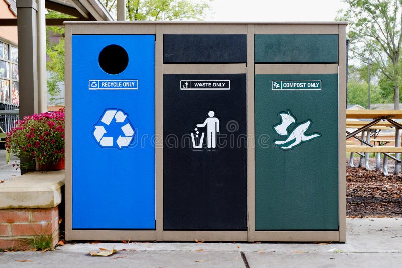 Recycle, Waste, and Compost Bins in a Public Place. Stock Image - Image ...