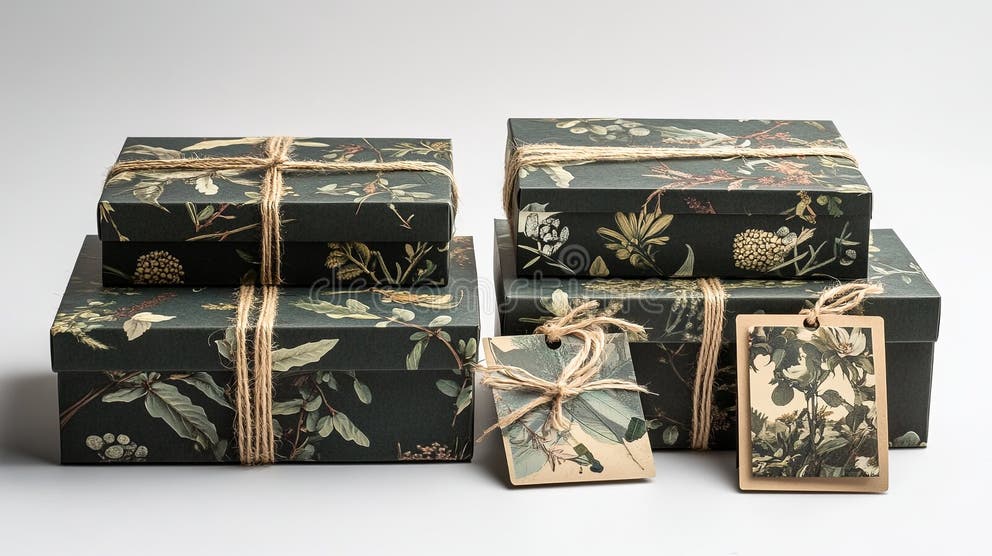 Recycled Cardboard Gift Boxes with Botanical Tags and Jute String ...
