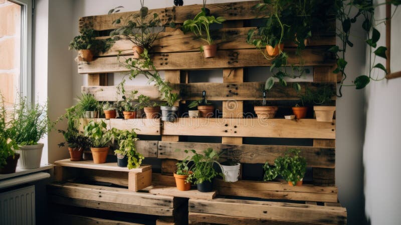 Recycled Pallets with Hanging Plants Creating a Vertical Garden Stock ...