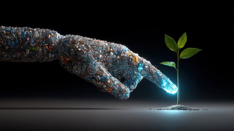 Recycled Plastic Hand Touching a Green Plant Sprout in Dark Stock ...
