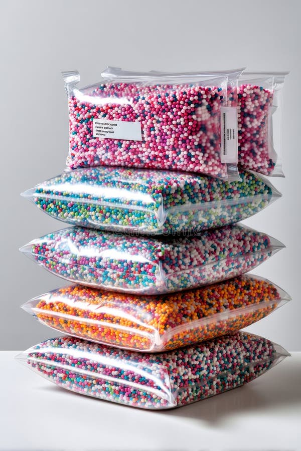 Recycled Plastic Pellets in Labeled Transparent Bags Stacked on White ...