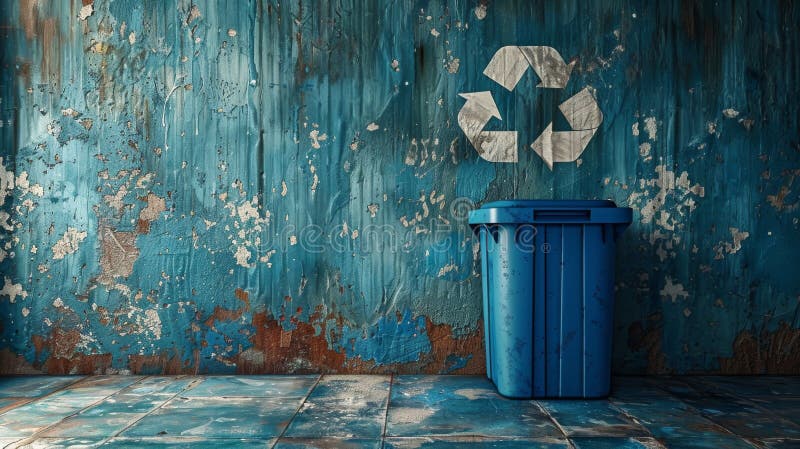 Recycling Bin Against Weathered Blue Wall, Environmental Conservation ...