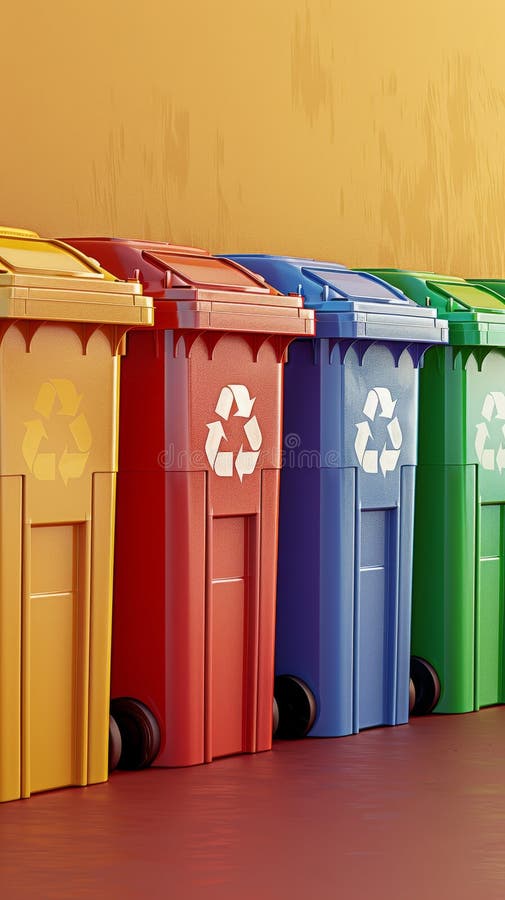 Recycling Bin Array. Row of Vibrant Recycling Bins in Red, Green, Blue ...