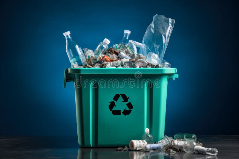 Recycling Bin Full of Plastic Waste on Blue Background with Copy Space ...