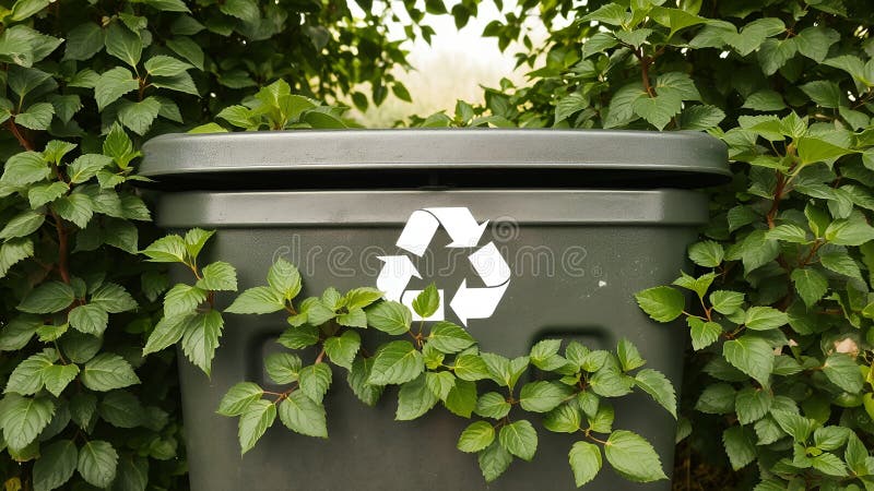 A Recycling Bin Nestled in a Lush Green Bush Stock Illustration ...