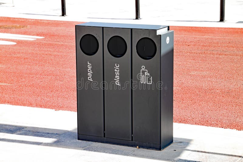Recycling Bin Stands Outdoor Near Playground. Stock Photo - Image of ...