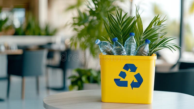 Recycling Bin with Plastic Bottles and Greenery in Modern Indoor ...