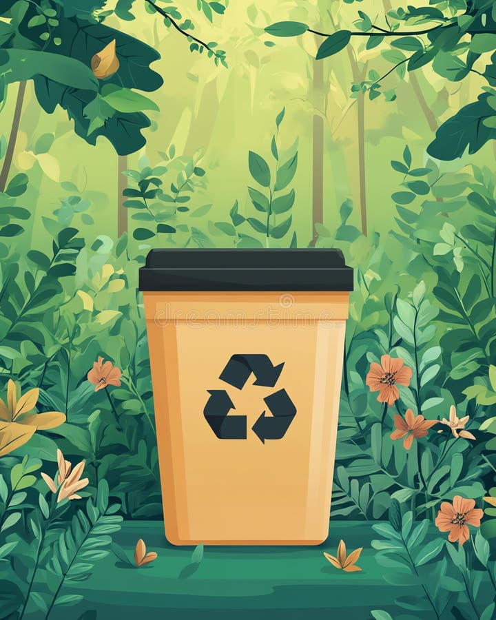 A Recycling Bin Surrounded by Lush Greenery in a Vibrant Forest Setting ...