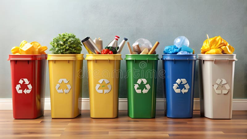 Recycling Bins with Garbage on Floor in Room, Closeup Stock ...