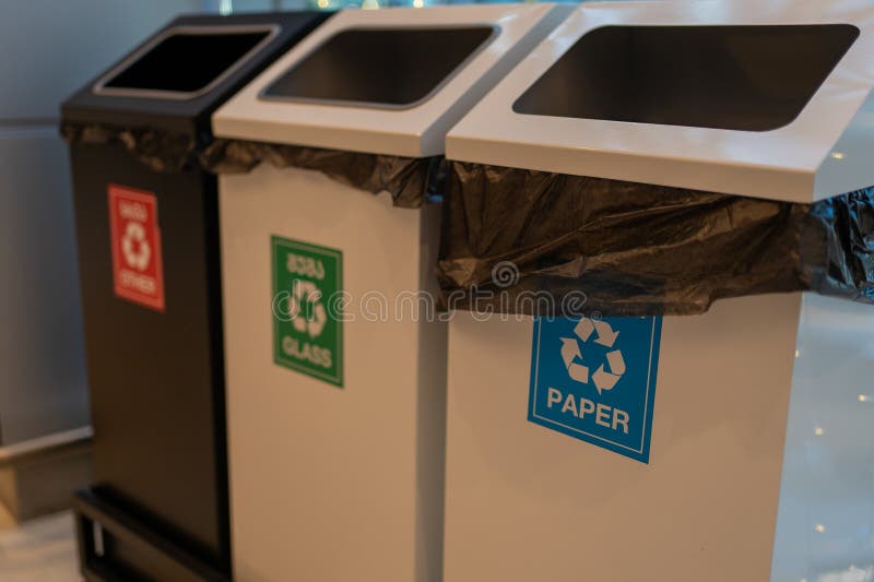 Recycling Bins for Paper, Glass, and Other Waste Stock Photo - Image of ...
