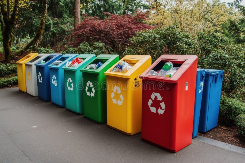 Recycling bins in a row stock photo. Image of clean - 398385440