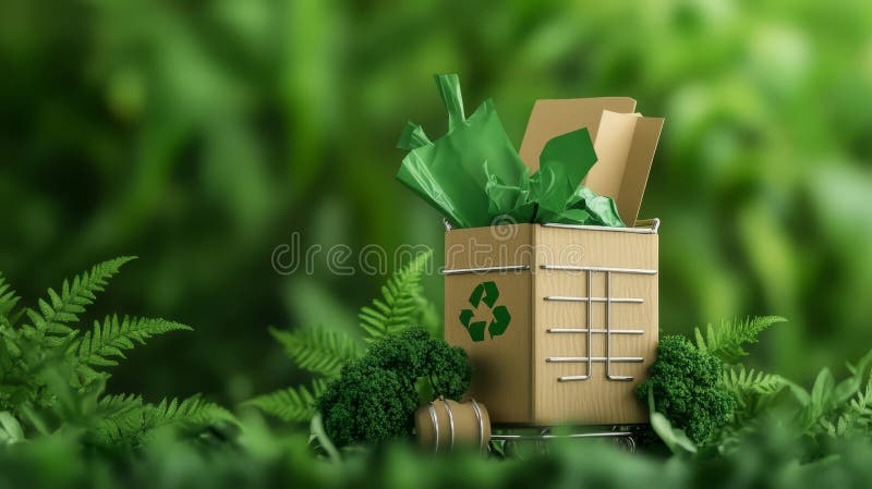 Recycling Cart with Green Packages and Foliage Stock Illustration ...