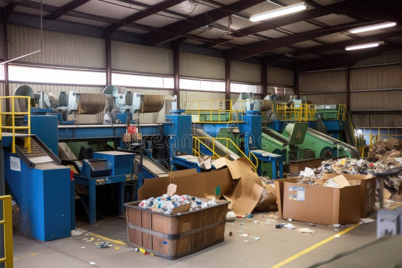 Recycling Center, with Bins and Machines for Sorting Different Types of ...