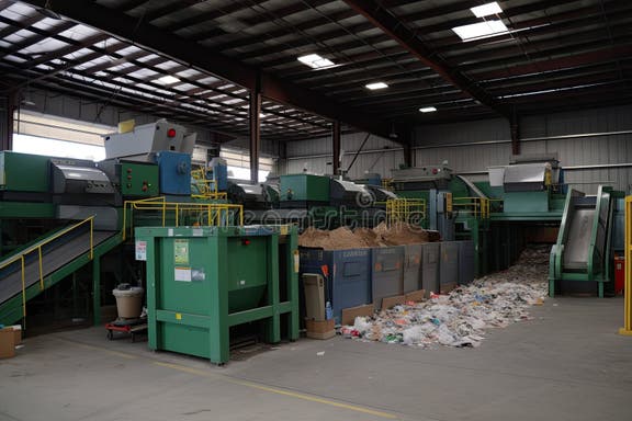 Recycling Center, with Bins and Machines for Sorting Different Types of ...