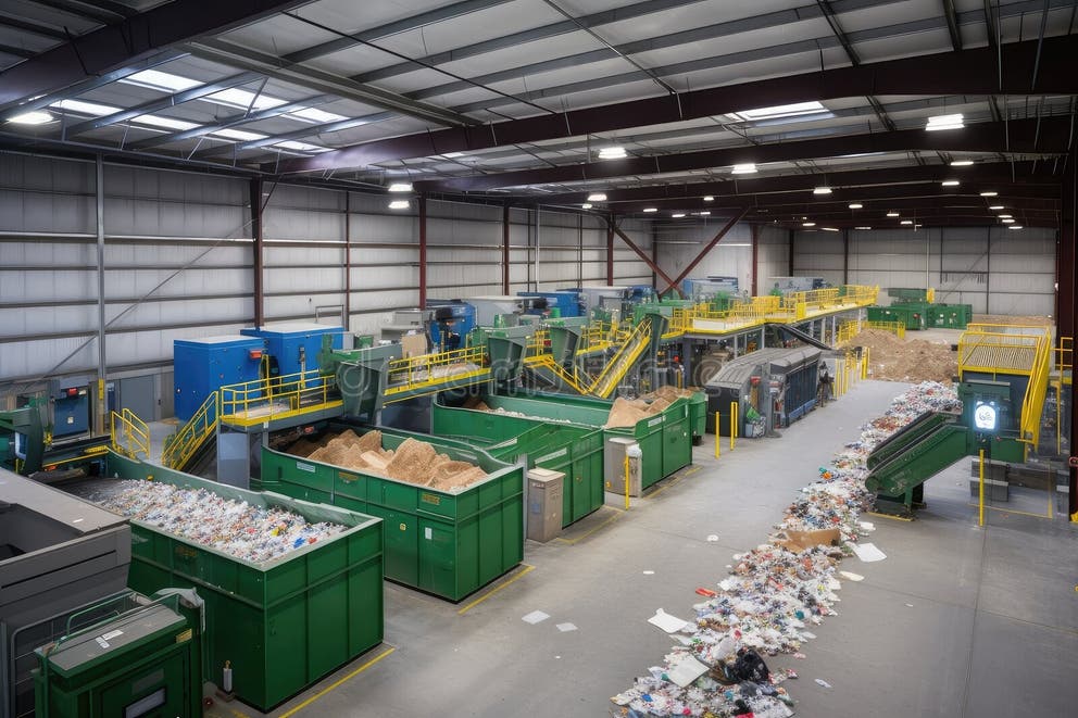 A Recycling Center, with Bins and Sorting Machines for Different Types ...