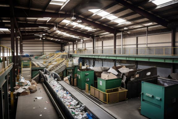 A Recycling Center, with Bins and Sorting Machines for Different Types ...