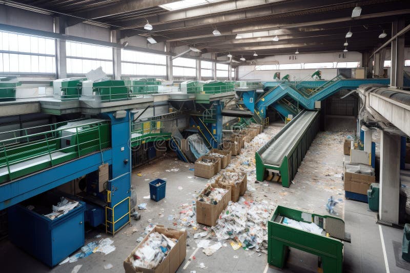 A Recycling Center, with Bins and Sorting Machines for Different Types ...