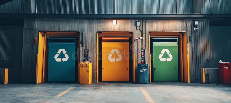Recycling Center Doors with Color Coded Bins for Waste Management and ...