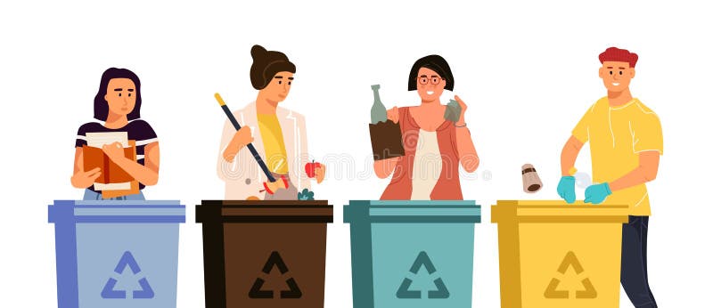 Cleaning Garbage. Cartoon Characters Sorting and Recycling Waste and ...