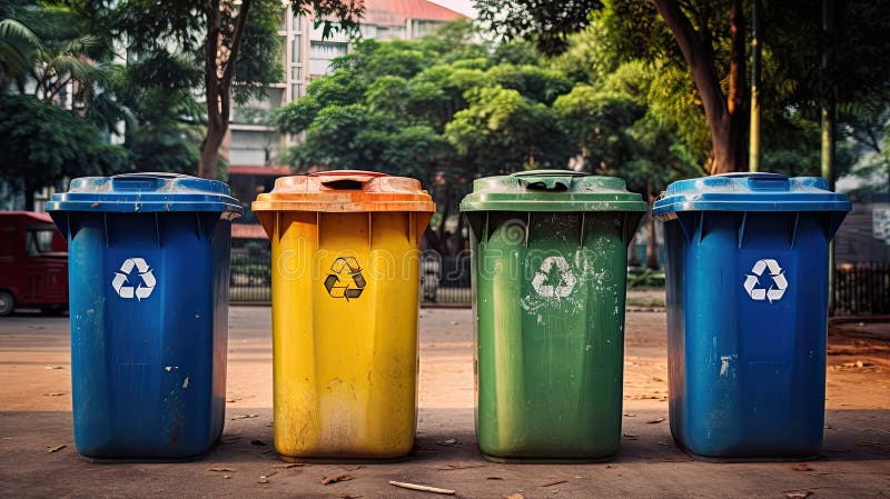 Recycling Concept, Colored Trash Bins. Generative AI Stock Illustration ...