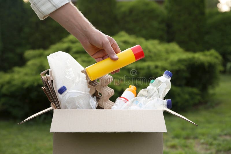 Recycling Concept Man Putting Plastic Bottle Cardboard Box Outdoors ...