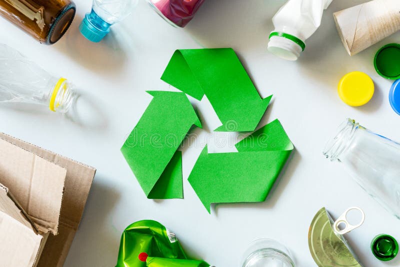 Recycling Concept - Recycling Symbol and Objects, Top View Stock Photo ...