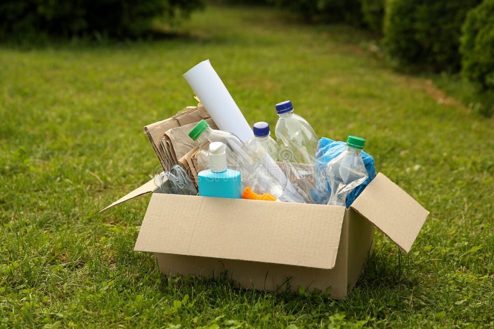 Recycling. Different Garbage in Cardboard Box on Green Grass Outdoors ...
