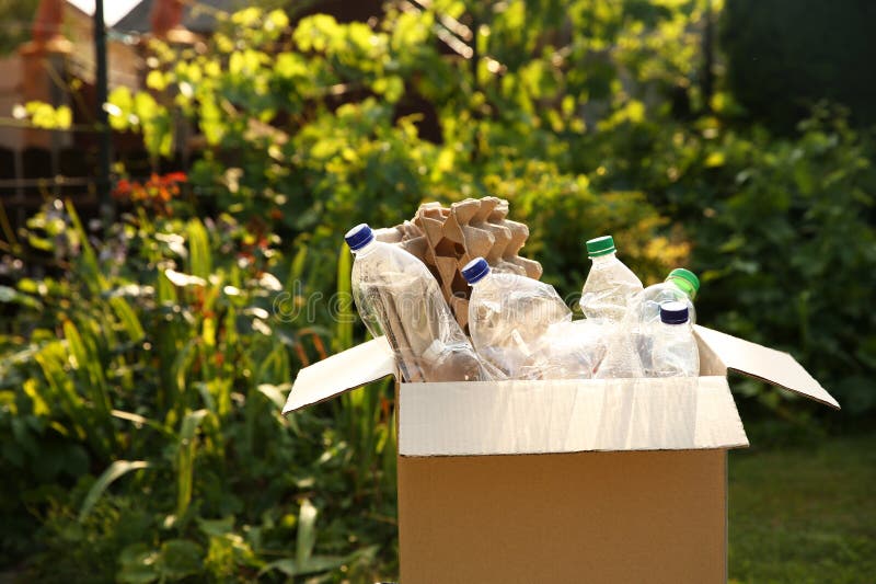 Recycling. Different Garbage in Cardboard Box Outdoors Stock Image ...