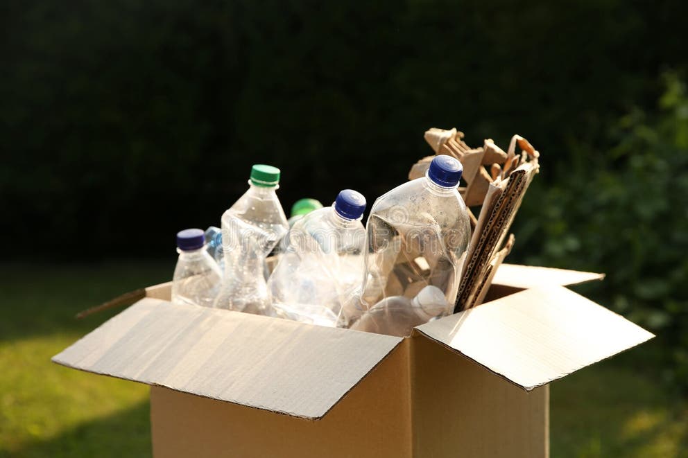 Recycling. Different Garbage in Cardboard Box Outdoors Stock Photo ...