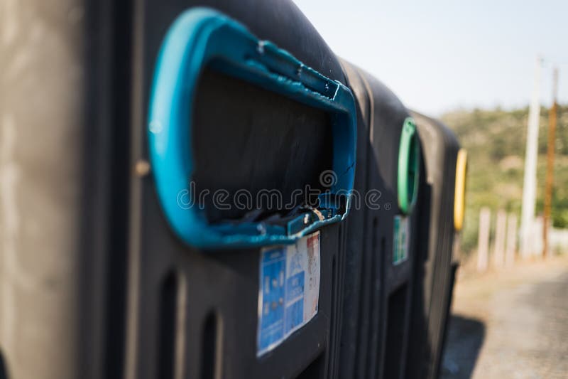 Recycling Ecopoint with Focus on Blue, Card Stock Photo - Image of ...