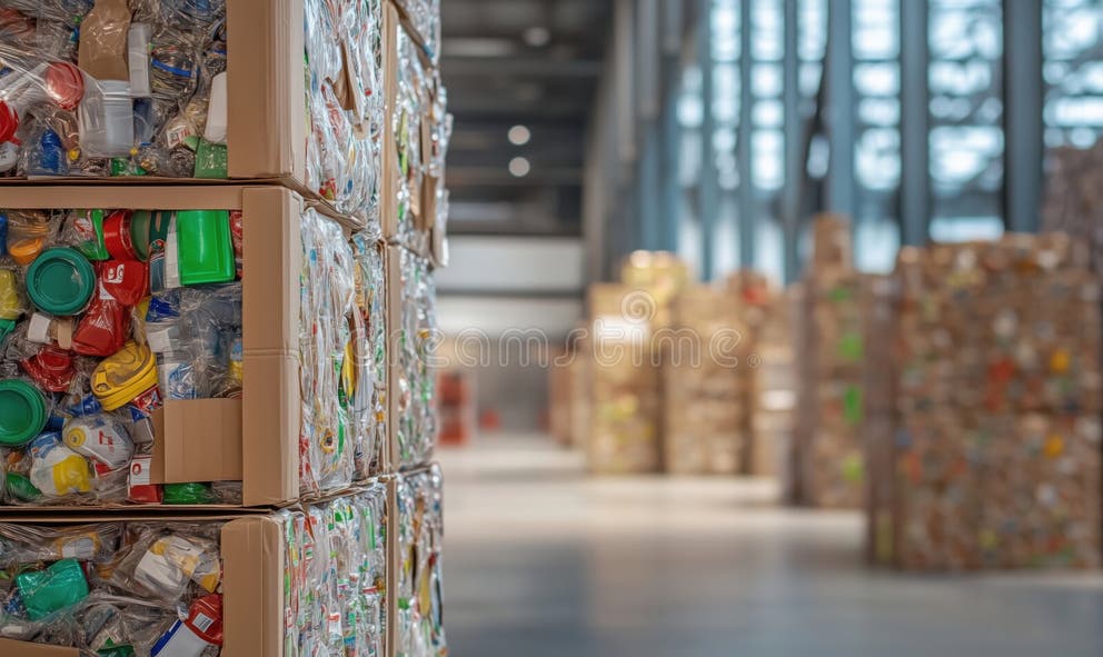 Recycling Facility with Baled Plastic Waste and Cardboard Boxes in ...