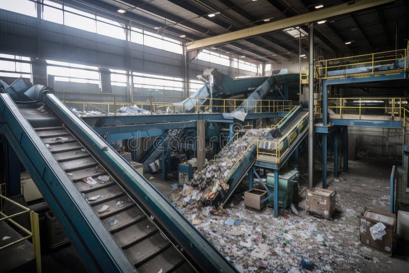 Recycling Facility, with Bins and Conveyor Belts Sorting, Cleaning, and ...