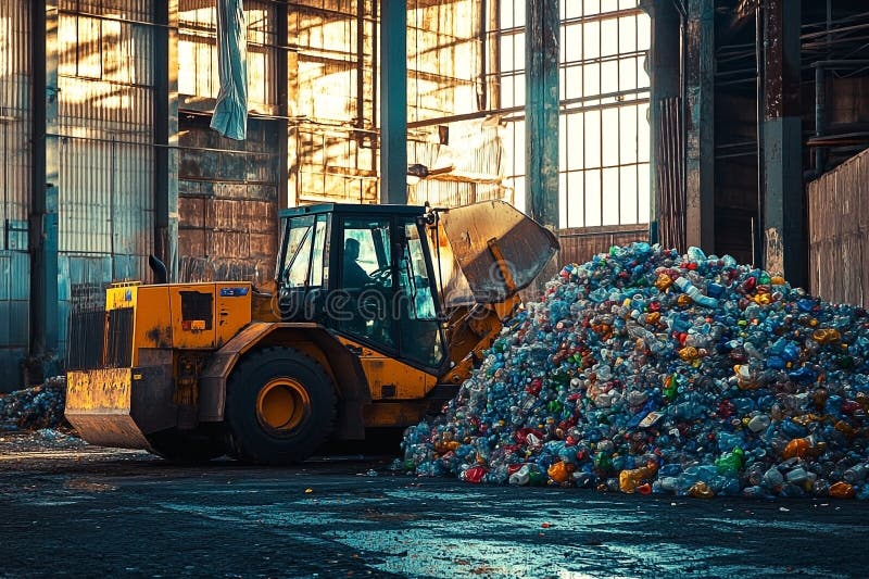 Recycling Facility: a Front-End Loader Confronts a Plastic Mountain at Sunset Stock Illustration ...