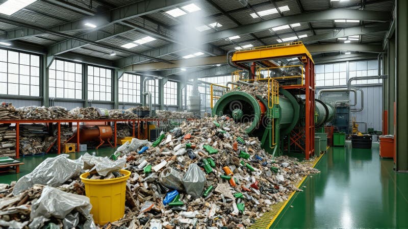 Recycling Facility Interior with Piles of Waste and Machinery for ...