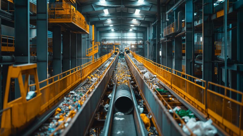 Recycling Facility with Sorting Machines, Conveyor Belts, and Workers ...