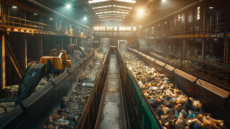 Recycling Facility with Sorting Machines, Conveyor Belts, and Workers ...