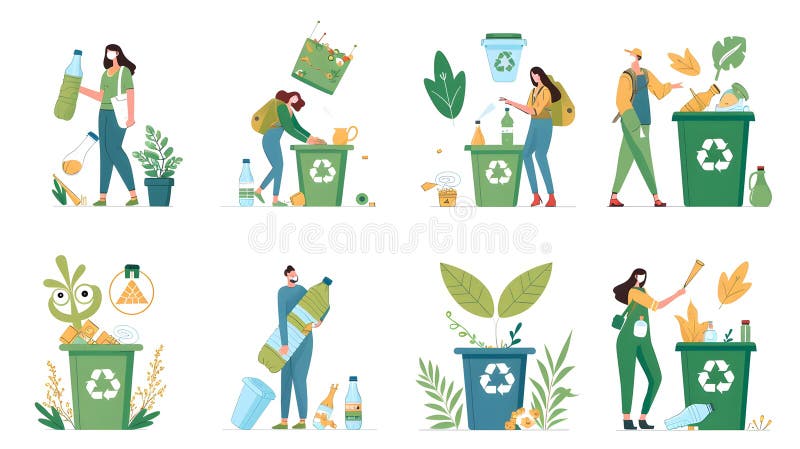 Recycling. Flat Vector Illustration of People Sorting Garbage in ...